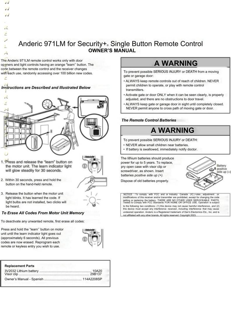 Buy ANDERIC 971LM for Red/Orange Learning key Liftmaster Chamberlain Sears