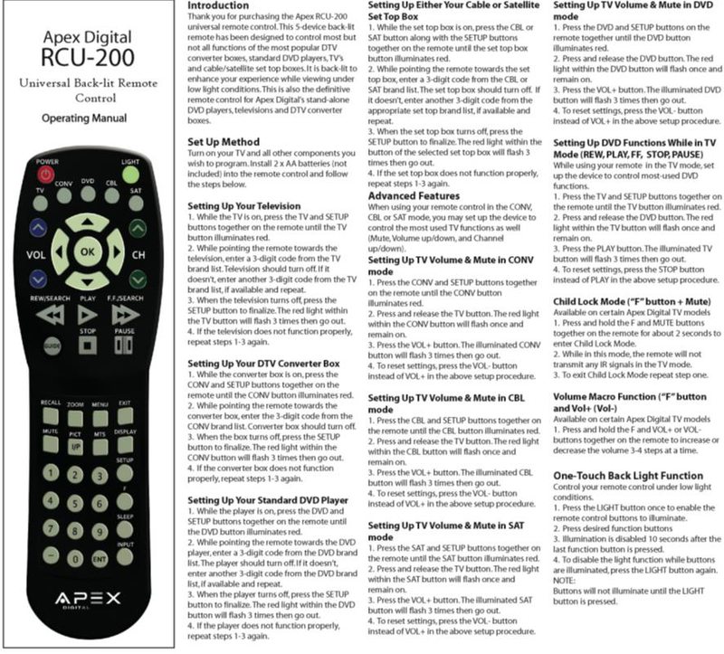 Buy/Download Apex RCU200 APEXOM Universal Remote Control Universal ...