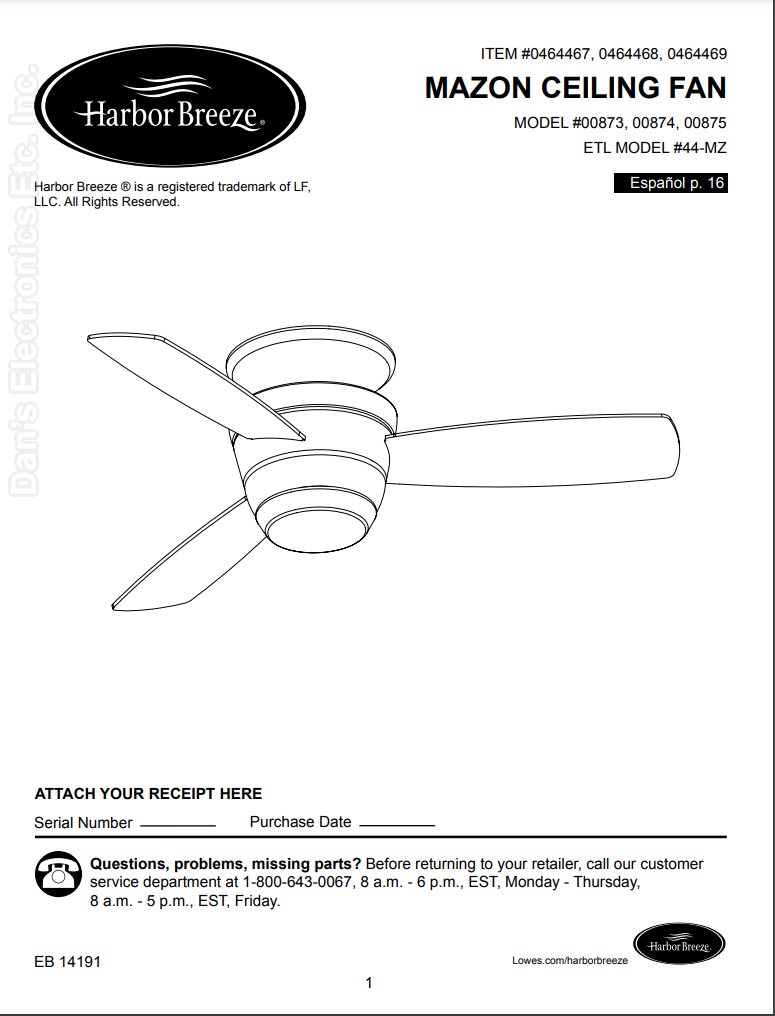 Buy/Download Harbor Breeze 00873 MAZON 00873 / 0464467 Mazon Brushed Nickel